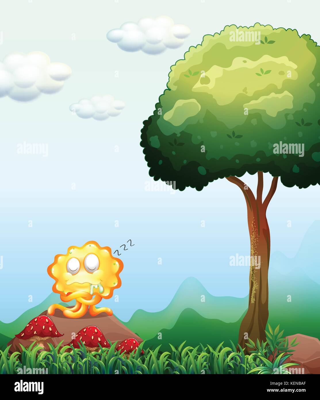 Illustration of a monster sleeping above the rock near the tree Stock ...