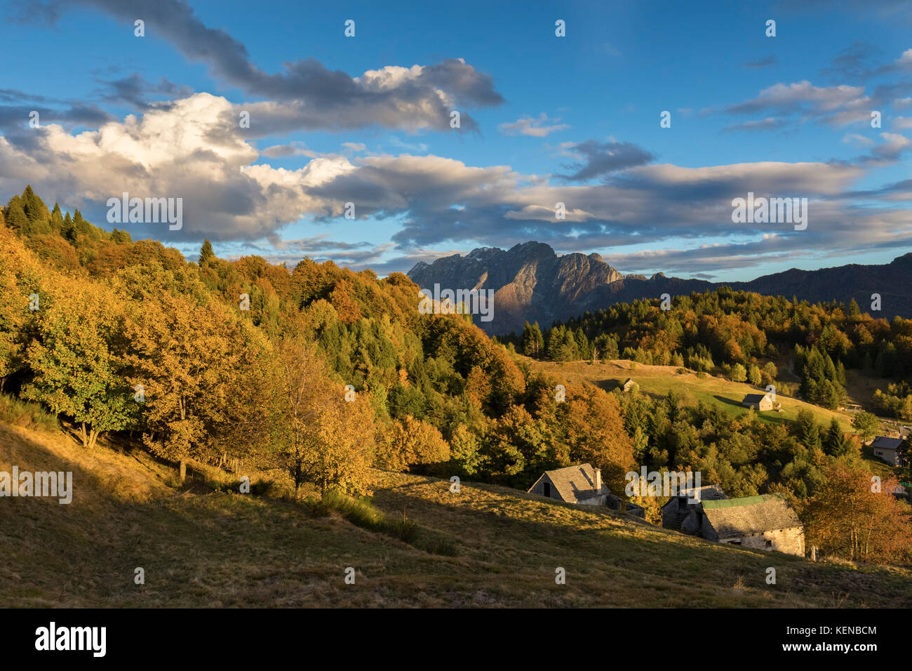 Sunset at the huts of Alpe Blitz, in front of Monte Limidario ...