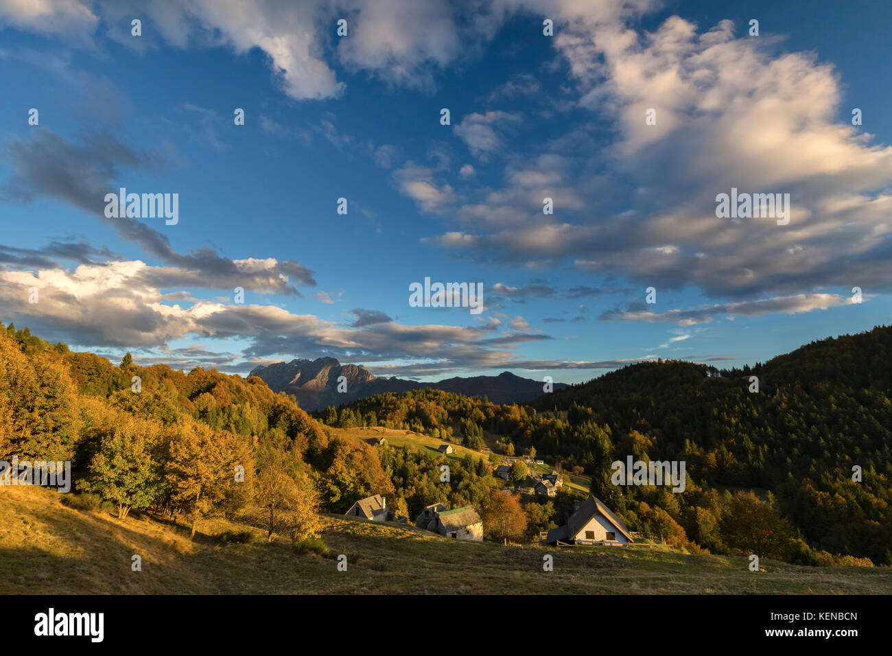 Sunset at the huts of Alpe Blitz, in front of Monte Limidario ...