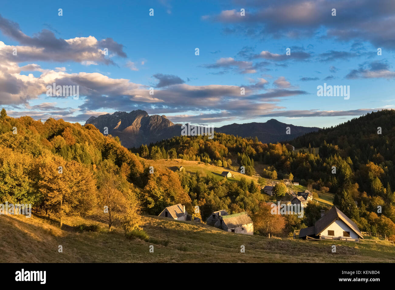 Sunset at the huts of Alpe Blitz, in front of Monte Limidario ...