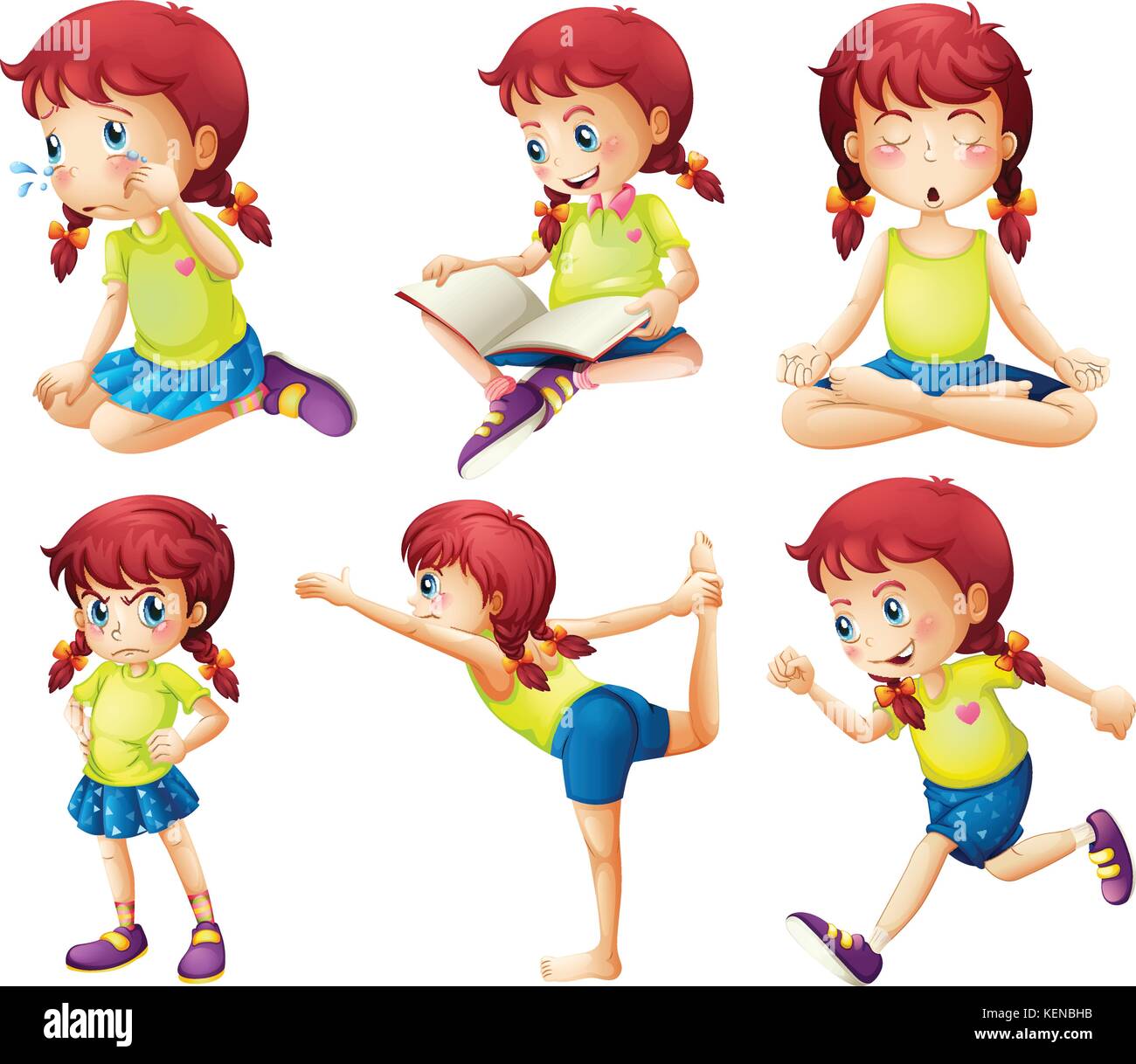 Illustration of a young lady doing different activities on a white ...