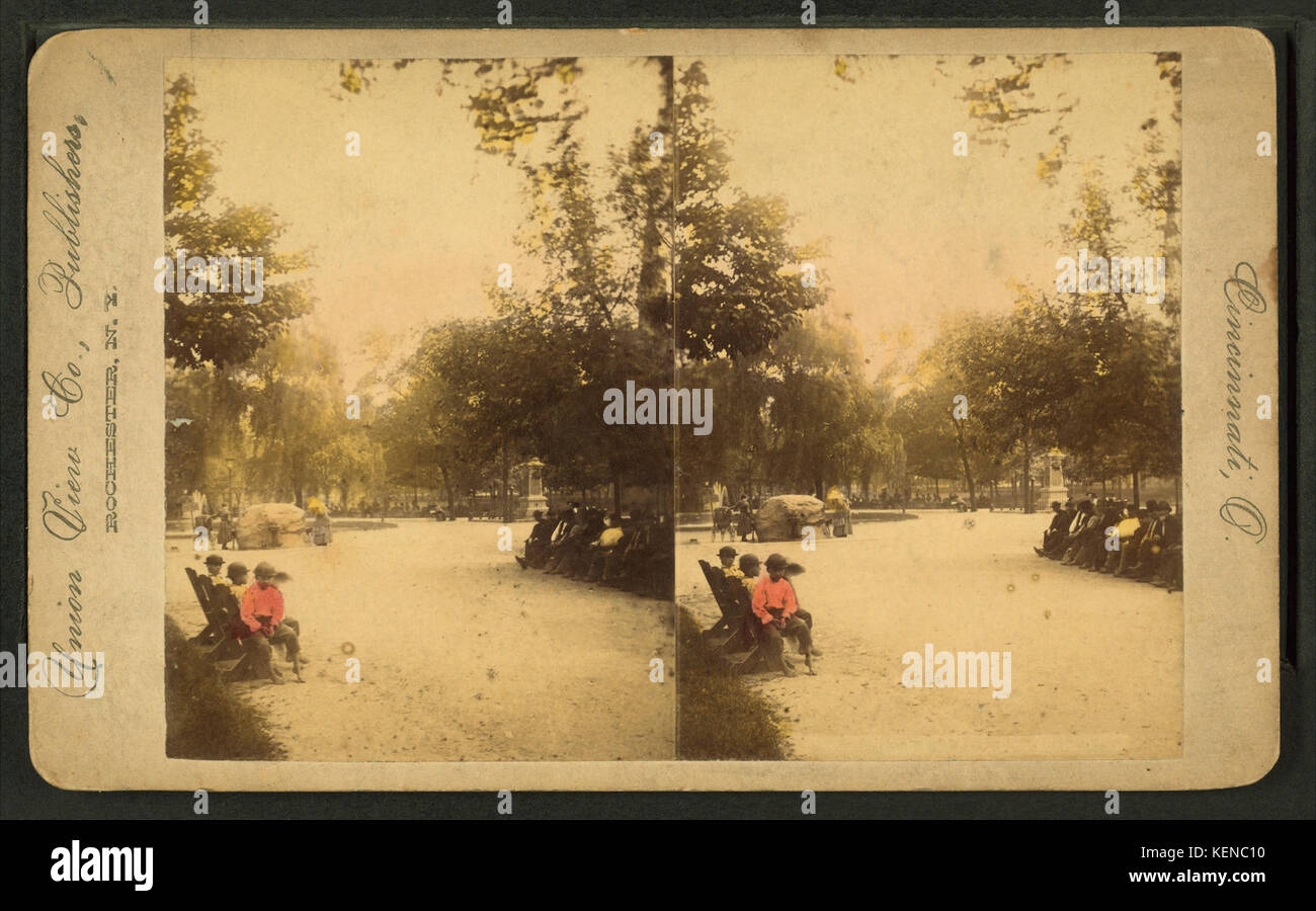 People on benches in a park, by Union View Co Stock Photo - Alamy