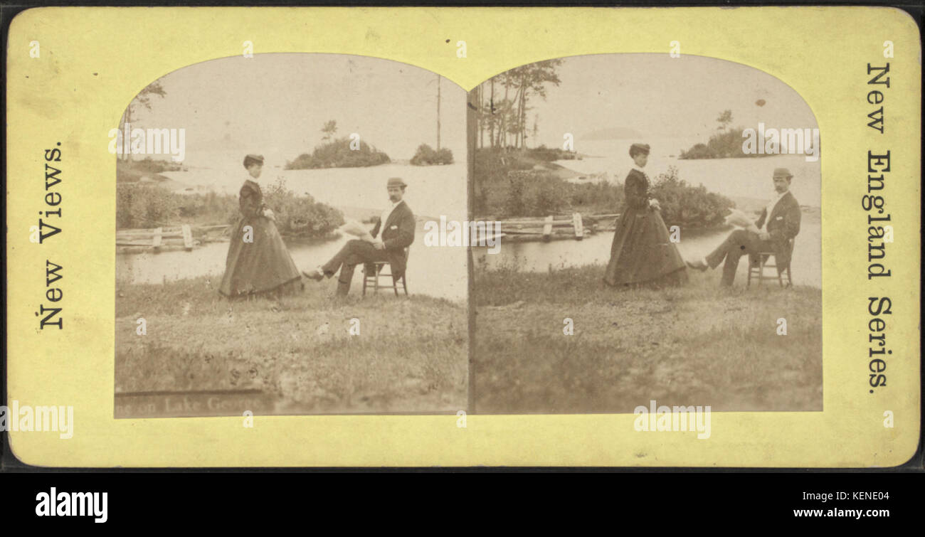 This stereoscopic view shows a scenic landscape on Lake George ...