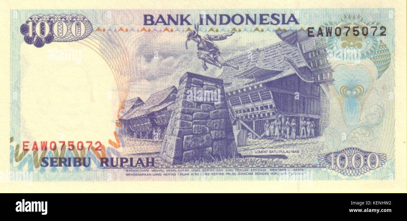 This is an image of a 1000 rupiah banknote from Indonesia, issued in ...