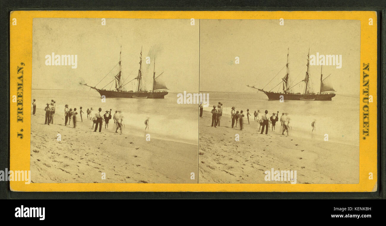 This photograph, taken by Josiah Freeman, depicts people on the shore ...