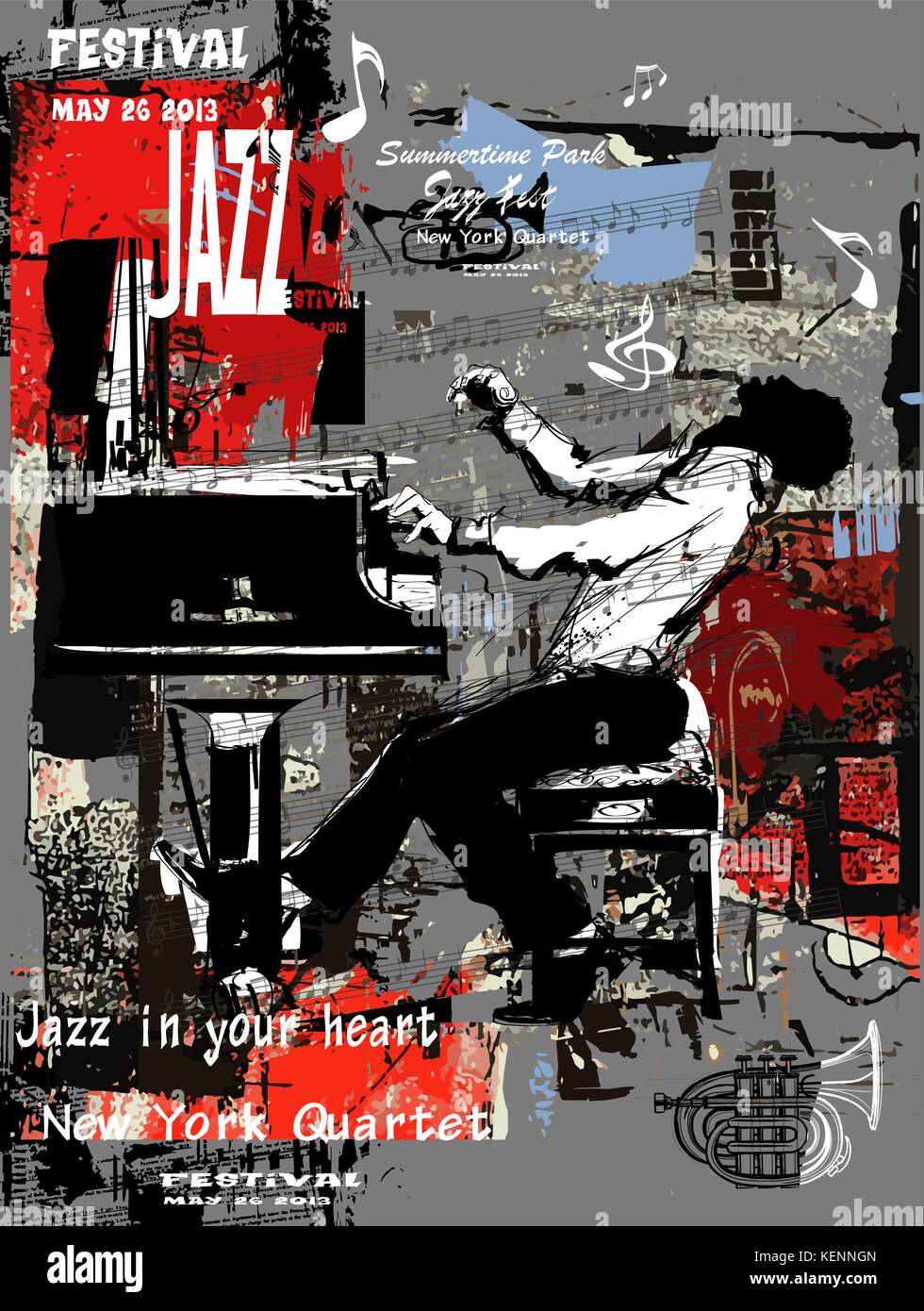 Jazz poster with pianist over grunge background - vector illustration ...