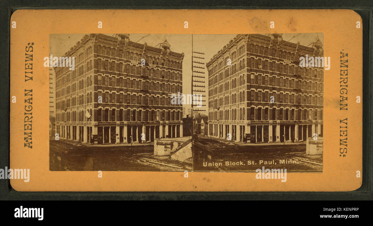 This stereoscopic view showcases the Union Block in St. Paul, Minnesota ...