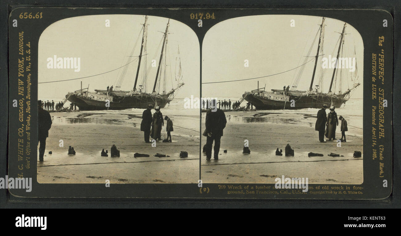 Wreck of a lumber schooner. Remains of old wreck in foreground, San ...