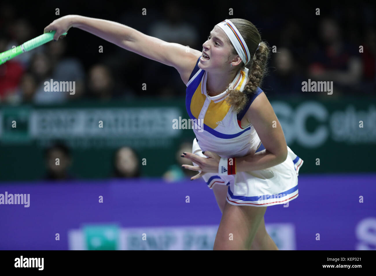 Latvian tennis player Jelena Ostapenko is in action during her first ...