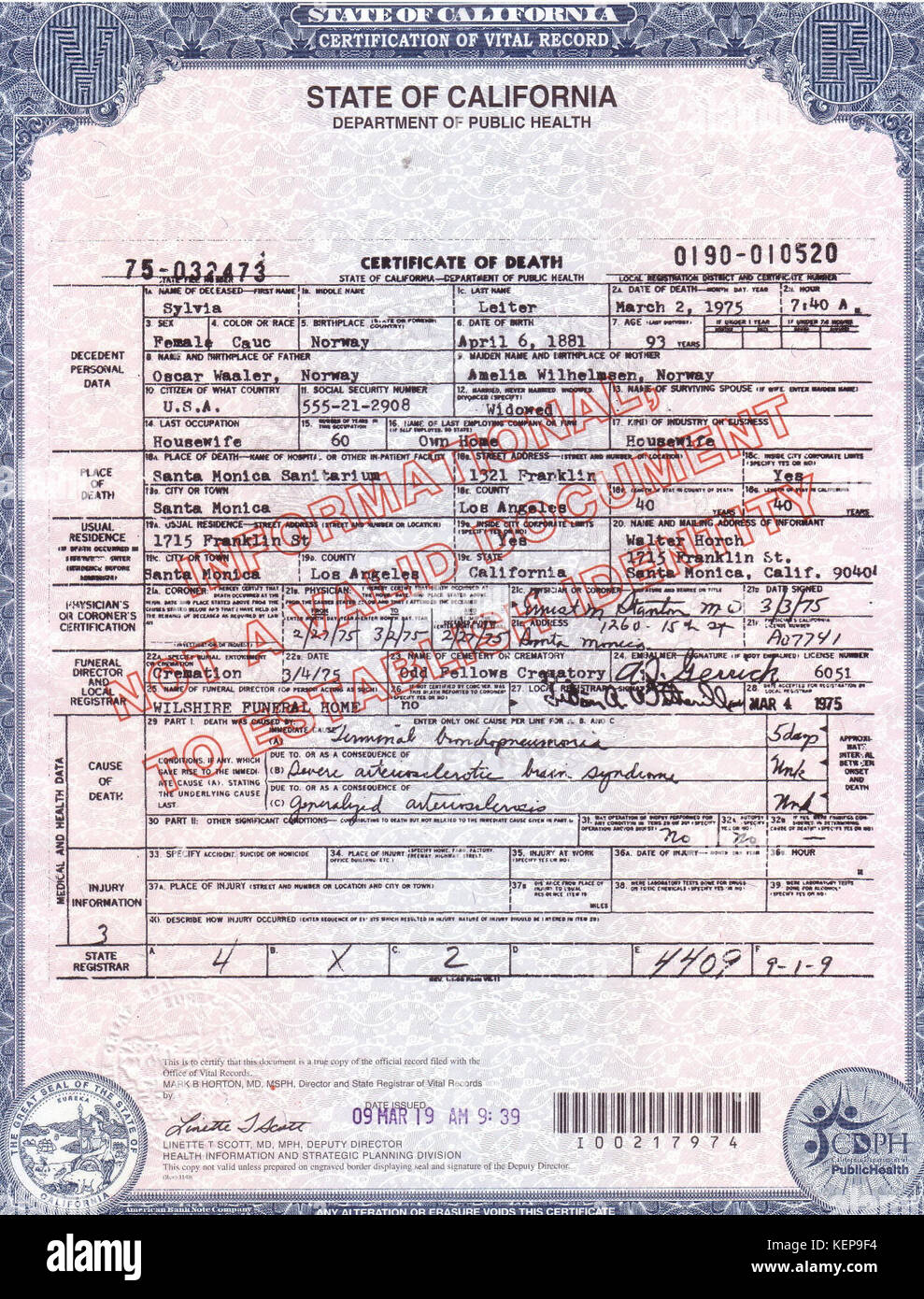 Death certificate Sylvia of Hollywood Stock Photo - Alamy