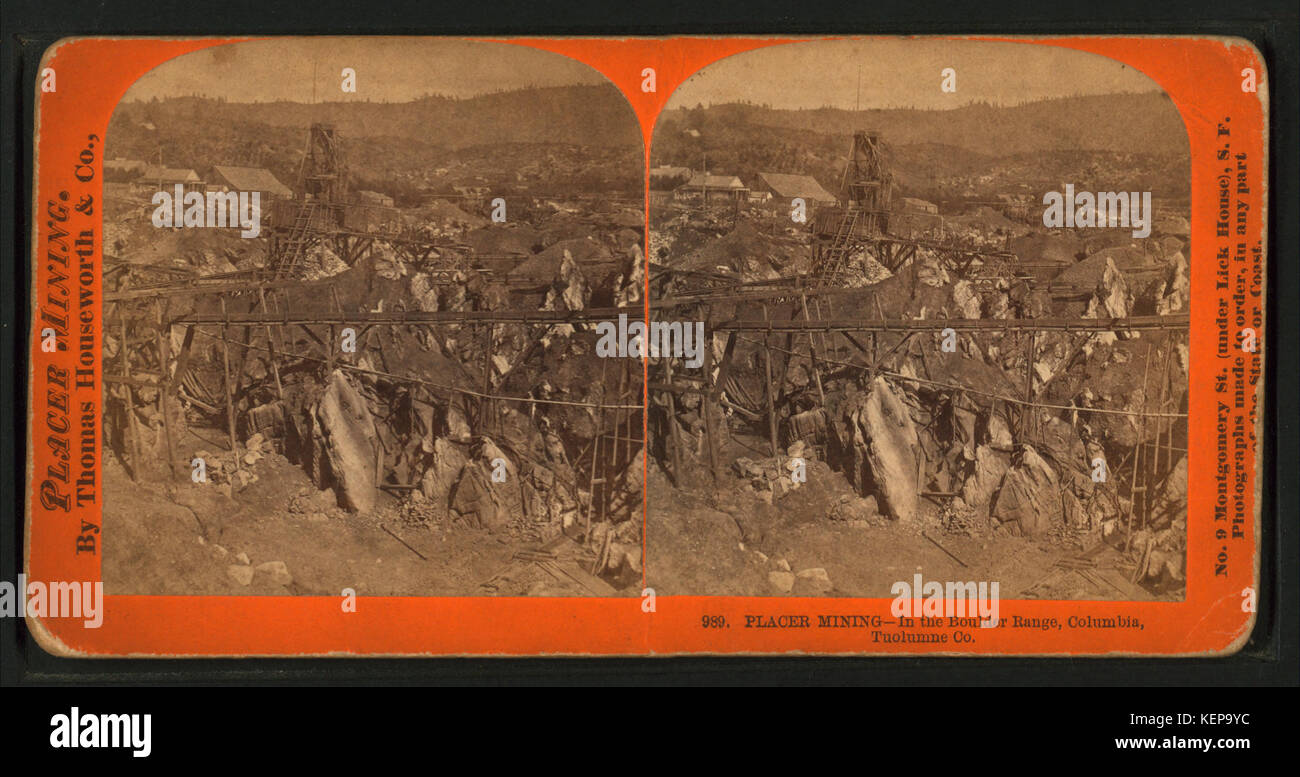This stereoscopic view from Robert N. Dennis’ collection shows placer ...