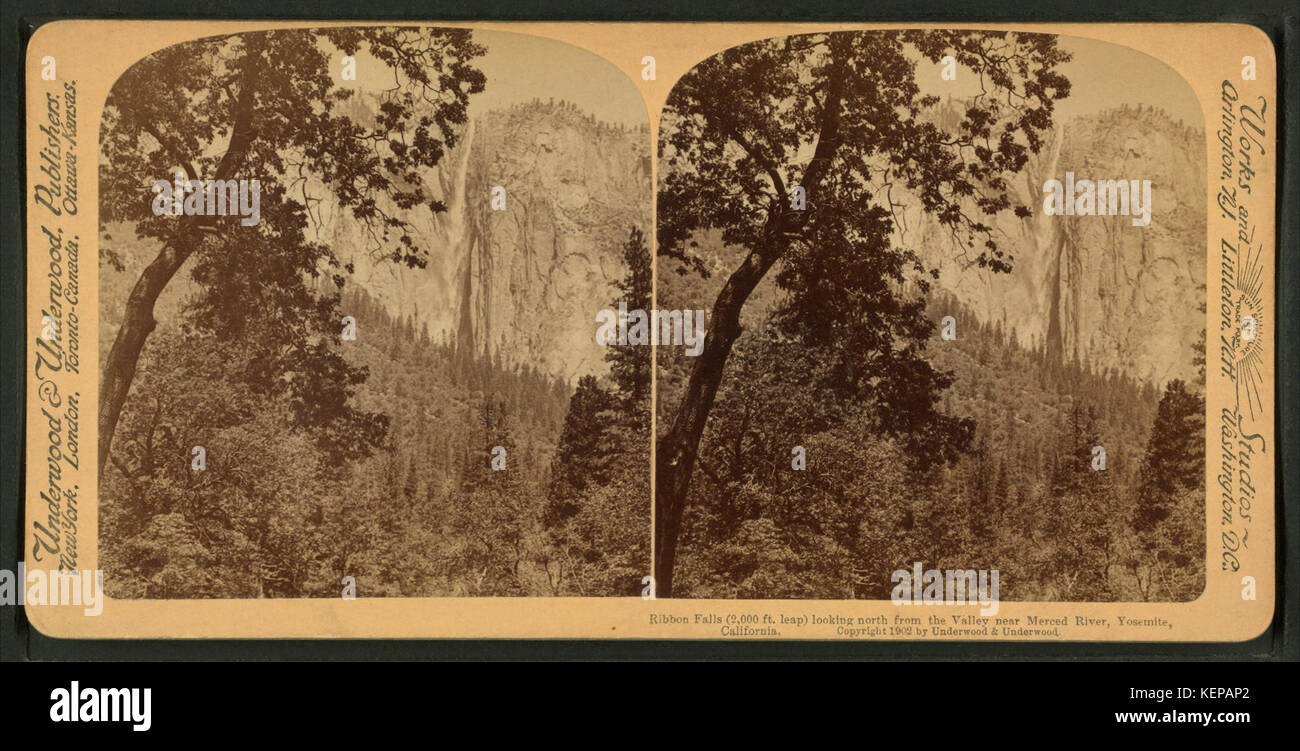 Ribbon Falls (2,000 ft. leap) looking north from the Valley near Merced ...