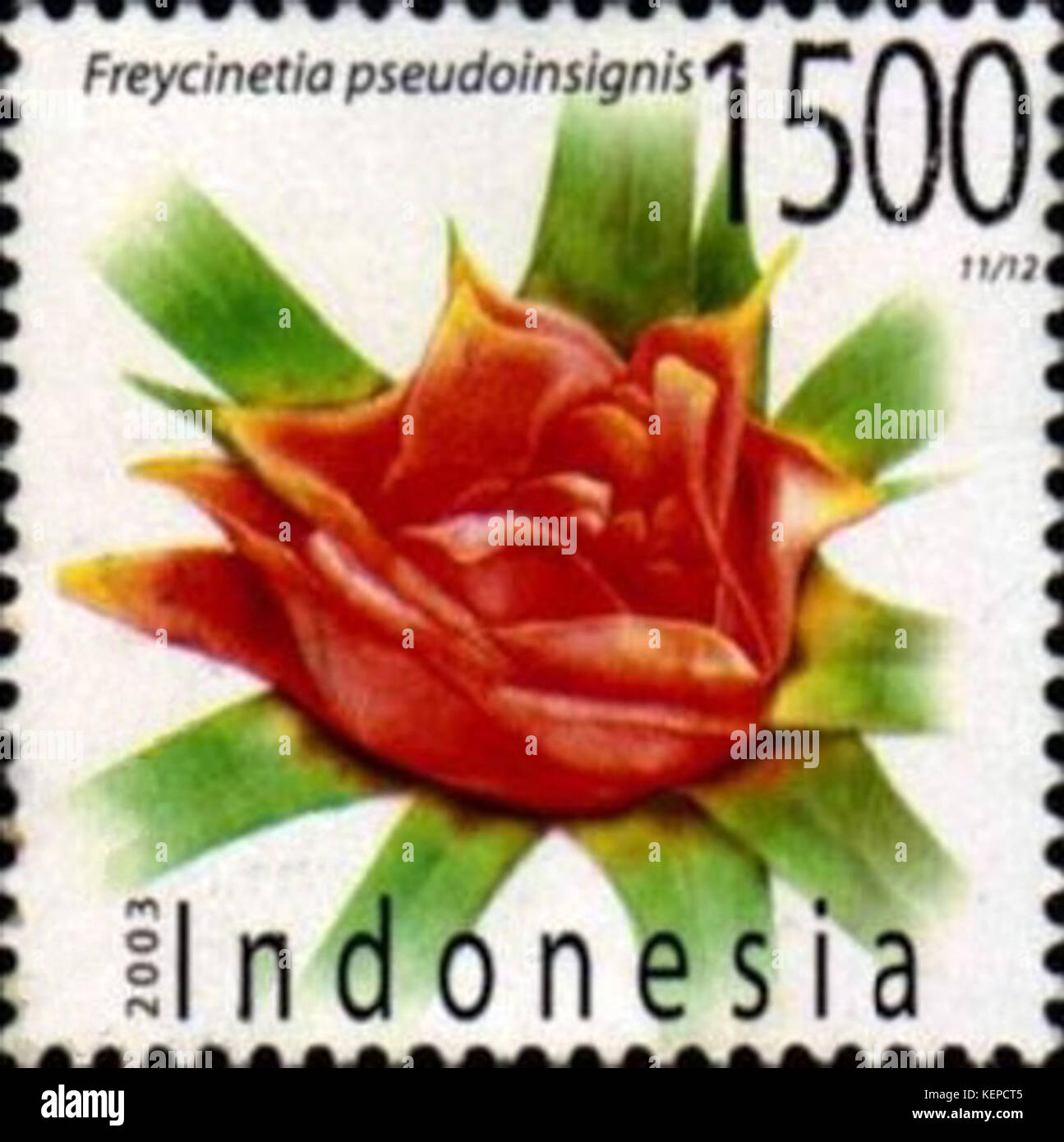 This stamp features an image of *Freycinetia pseudoinsignis*, a rare ...