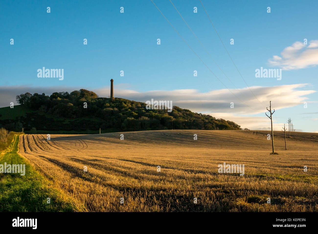 View of hilltop Hopetoun monument on Byres Hill, East Lothian, Scotland ...