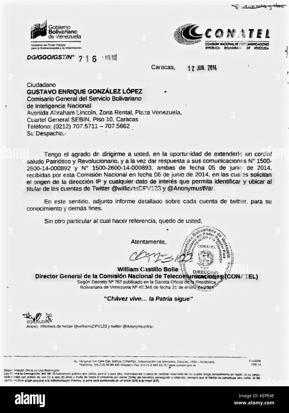 CONATEL to SEBIN Venezuela Twitter IP address Stock Photo - Alamy