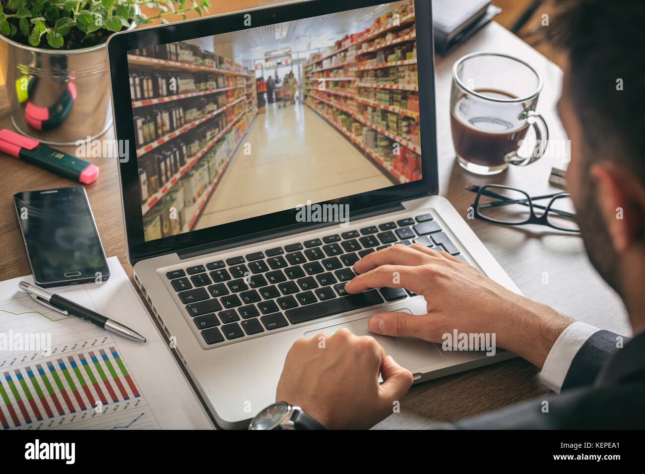 Supermarket online shopping. Blur supermarket on a laptop screen ...