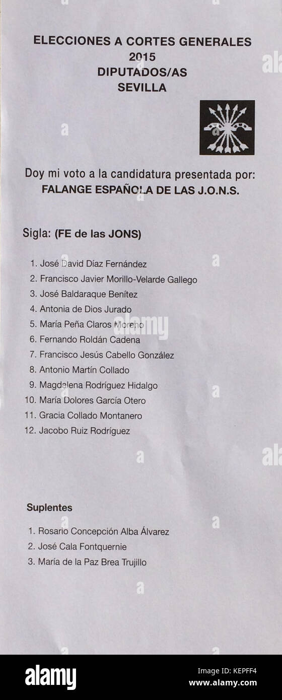 A ballot paper from the 2015 elections in Seville, Spain, featuring the ...