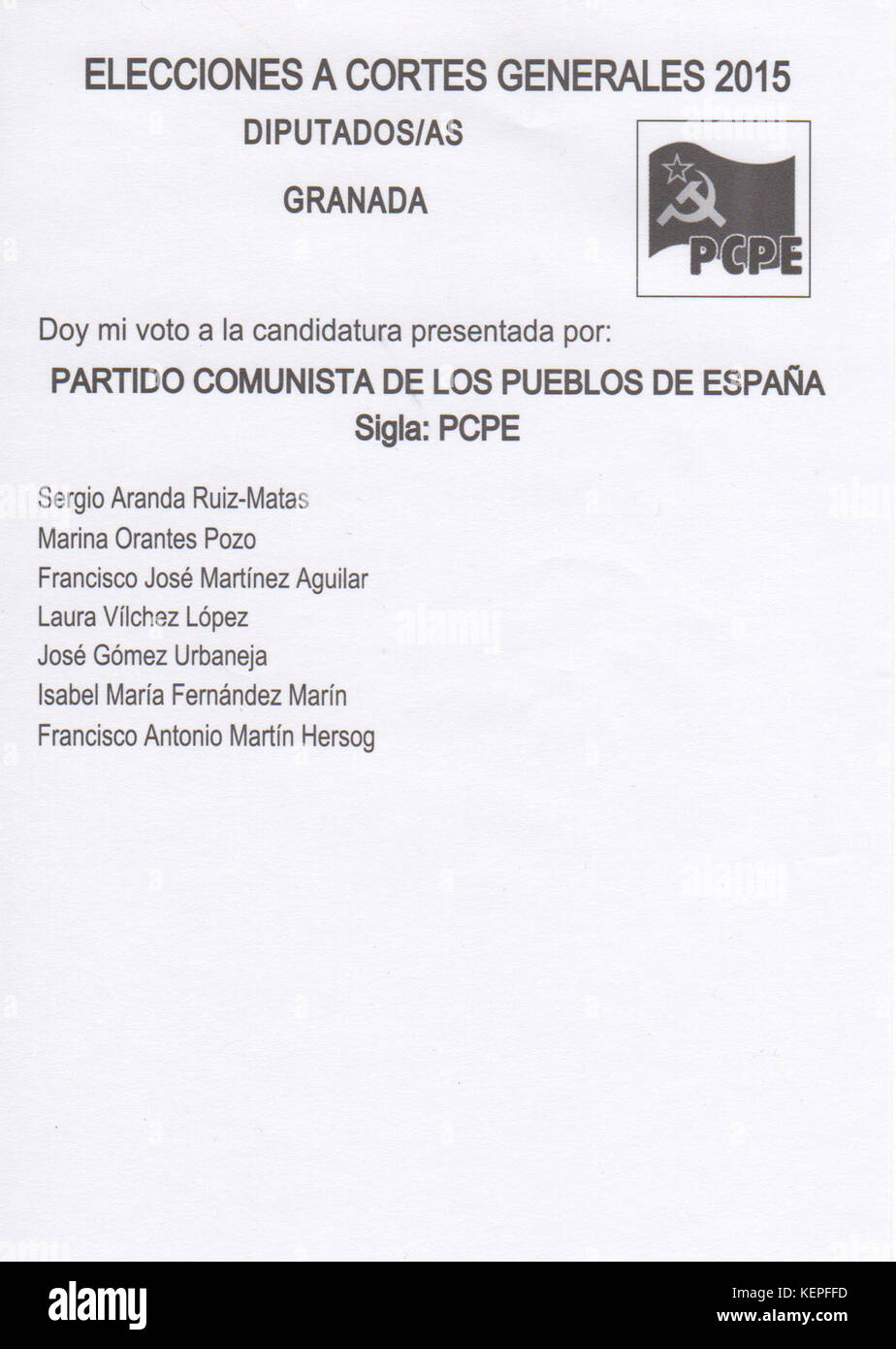 Spanish General Elections Ballot Granada PCPE Stock Photo - Alamy