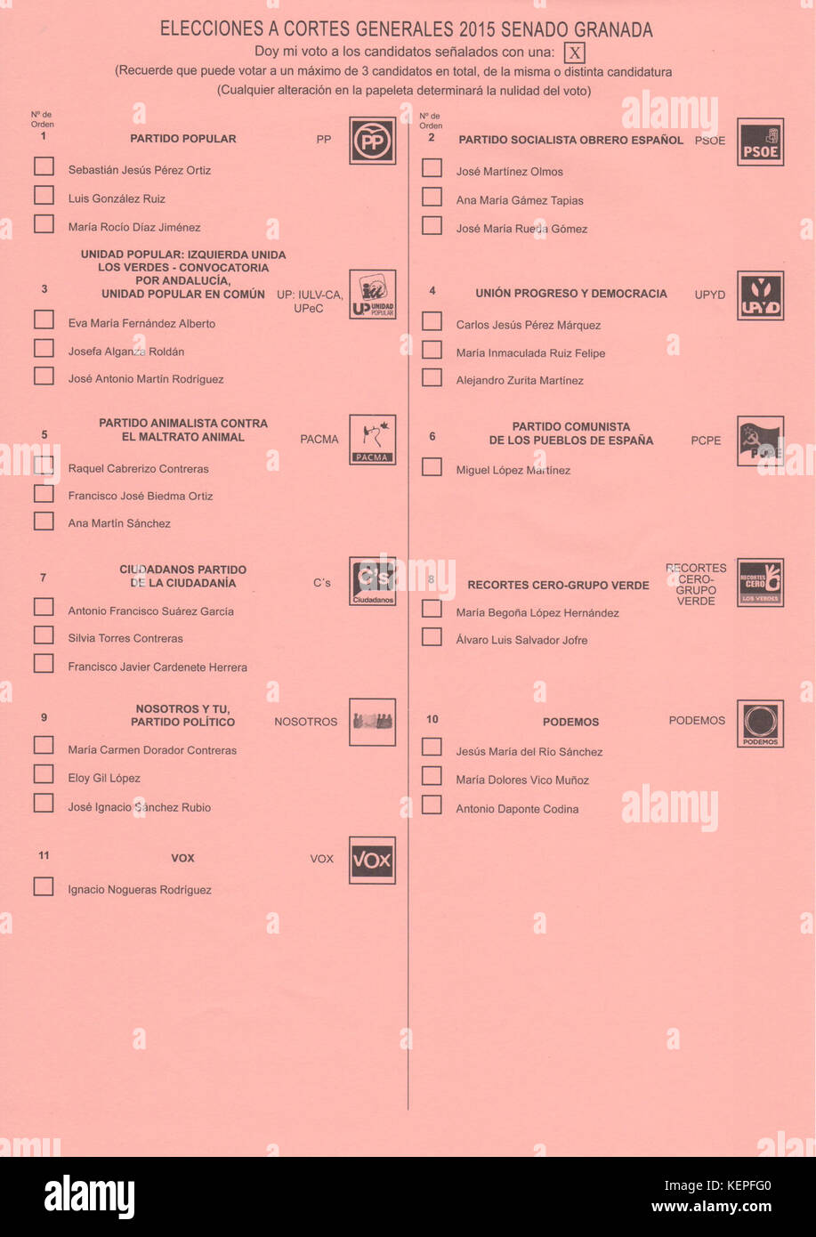Spanish General Elections Ballot Granada Senate Stock Photo - Alamy