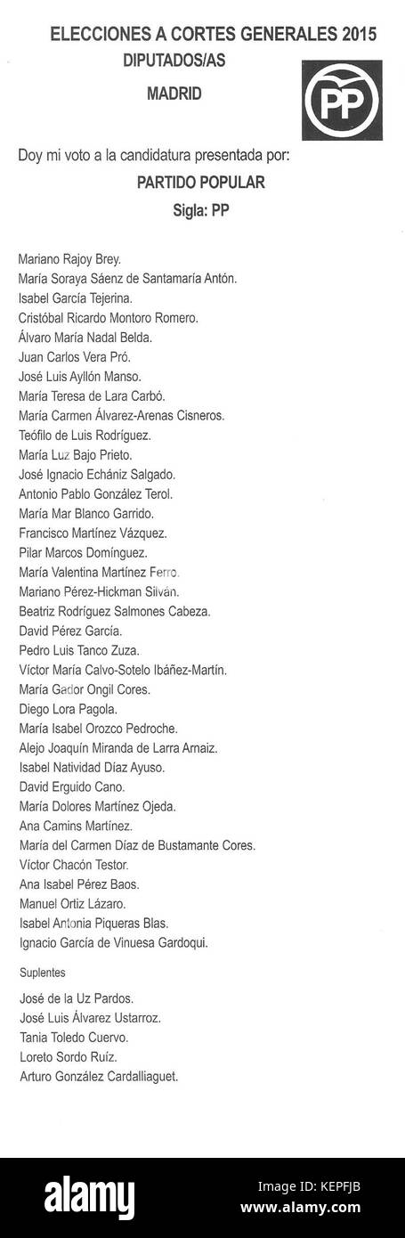 2015 Spanish General Elections Ballot Madrid PP Stock Photo - Alamy