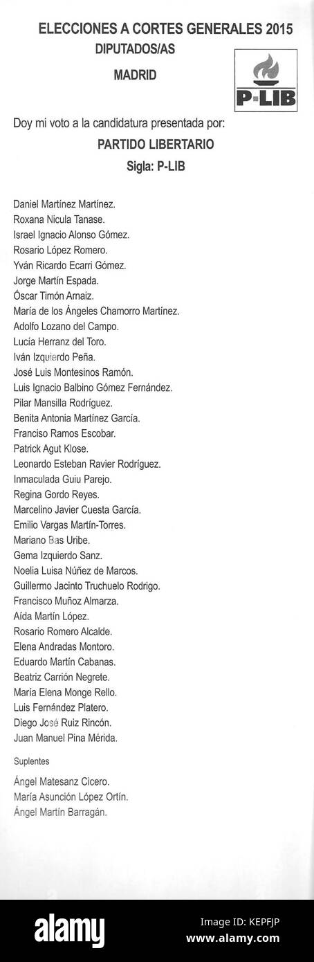 2015 Spanish General Elections Ballot Madrid P LIB Stock Photo - Alamy