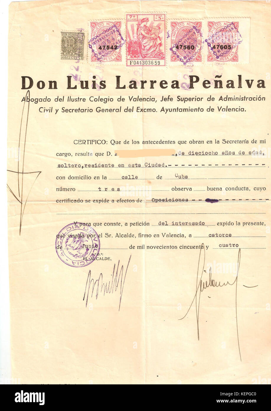 Certificado de Buena Conducta 1954 Stock Photo - Alamy