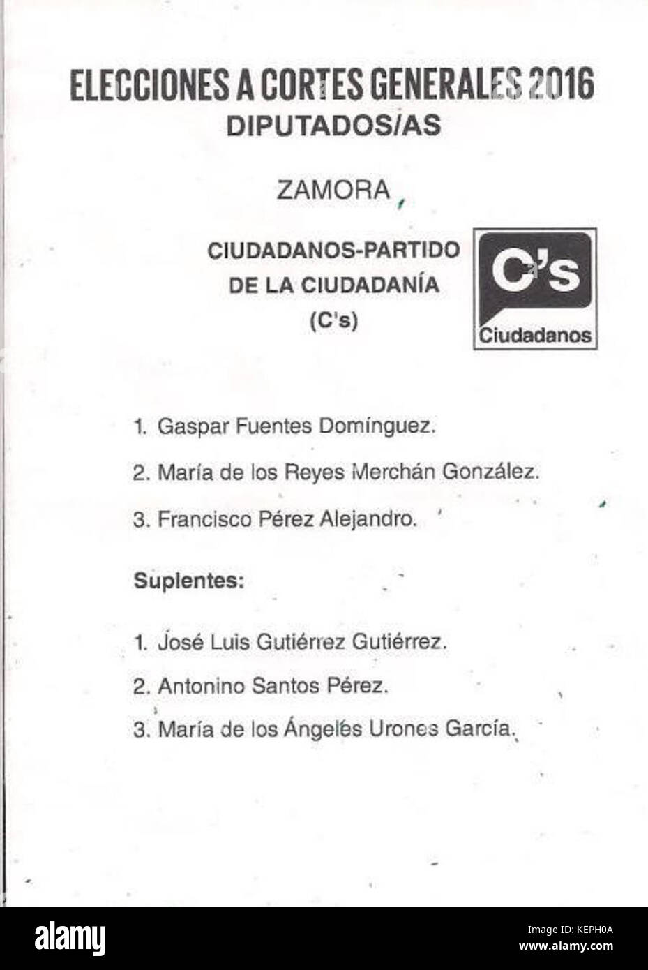 2016 Spanish General Elections Ballot Zamora C's Stock Photo - Alamy