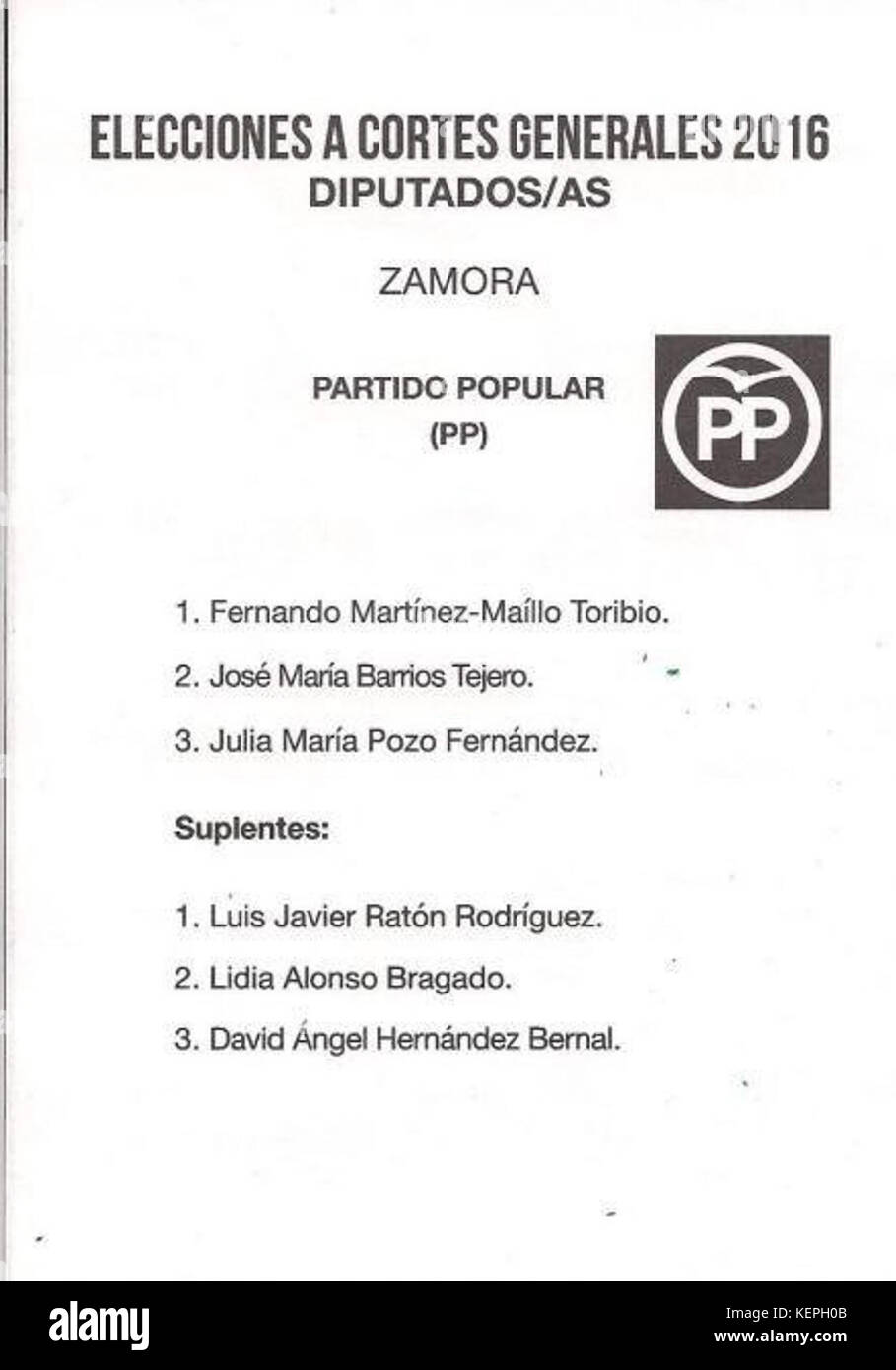 2016 Spanish General Elections Ballot Zamora PP Stock Photo - Alamy