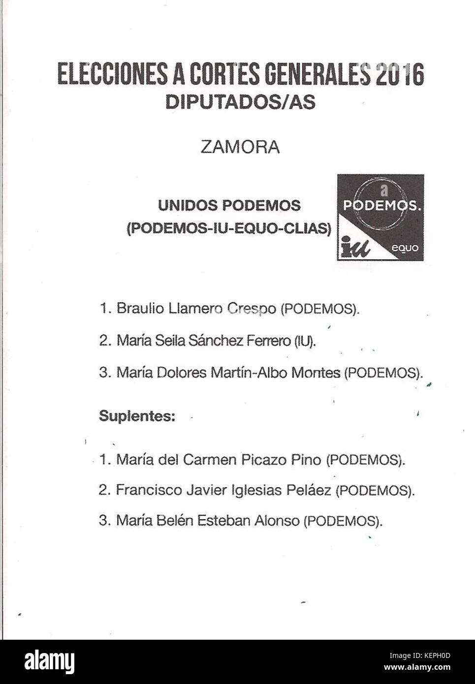 This image shows a 2016 ballot paper from the Spanish General Elections ...