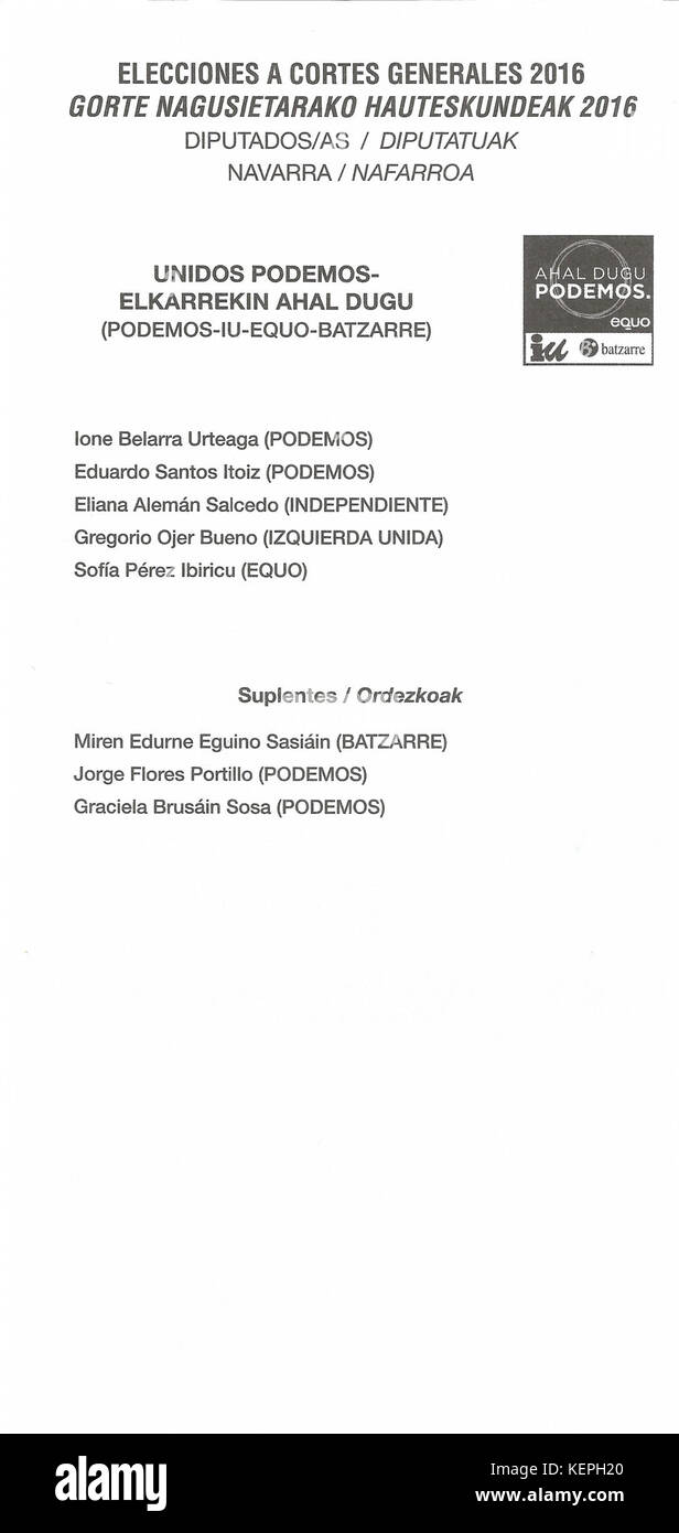 This ballot from the 2016 Spanish General Elections in Navarre reflects ...