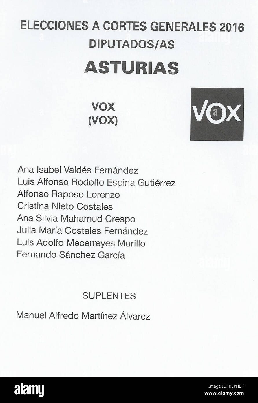 The 2016 Spanish General Elections ballot from Asturias features the ...
