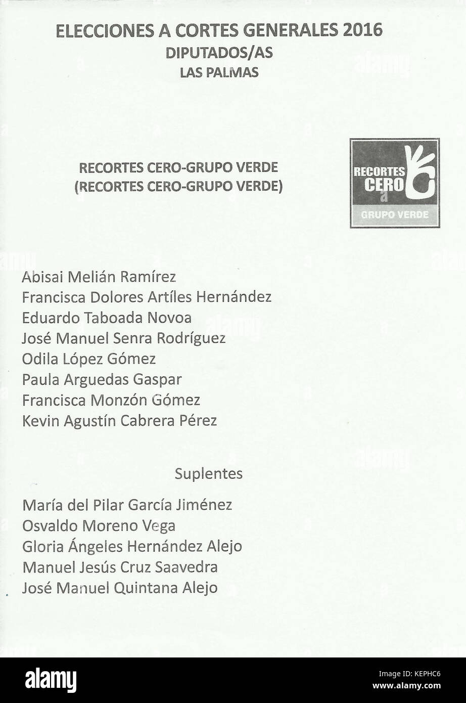 2016 Spanish General Elections Ballot Las Palmas Recortes Cero Grupo ...