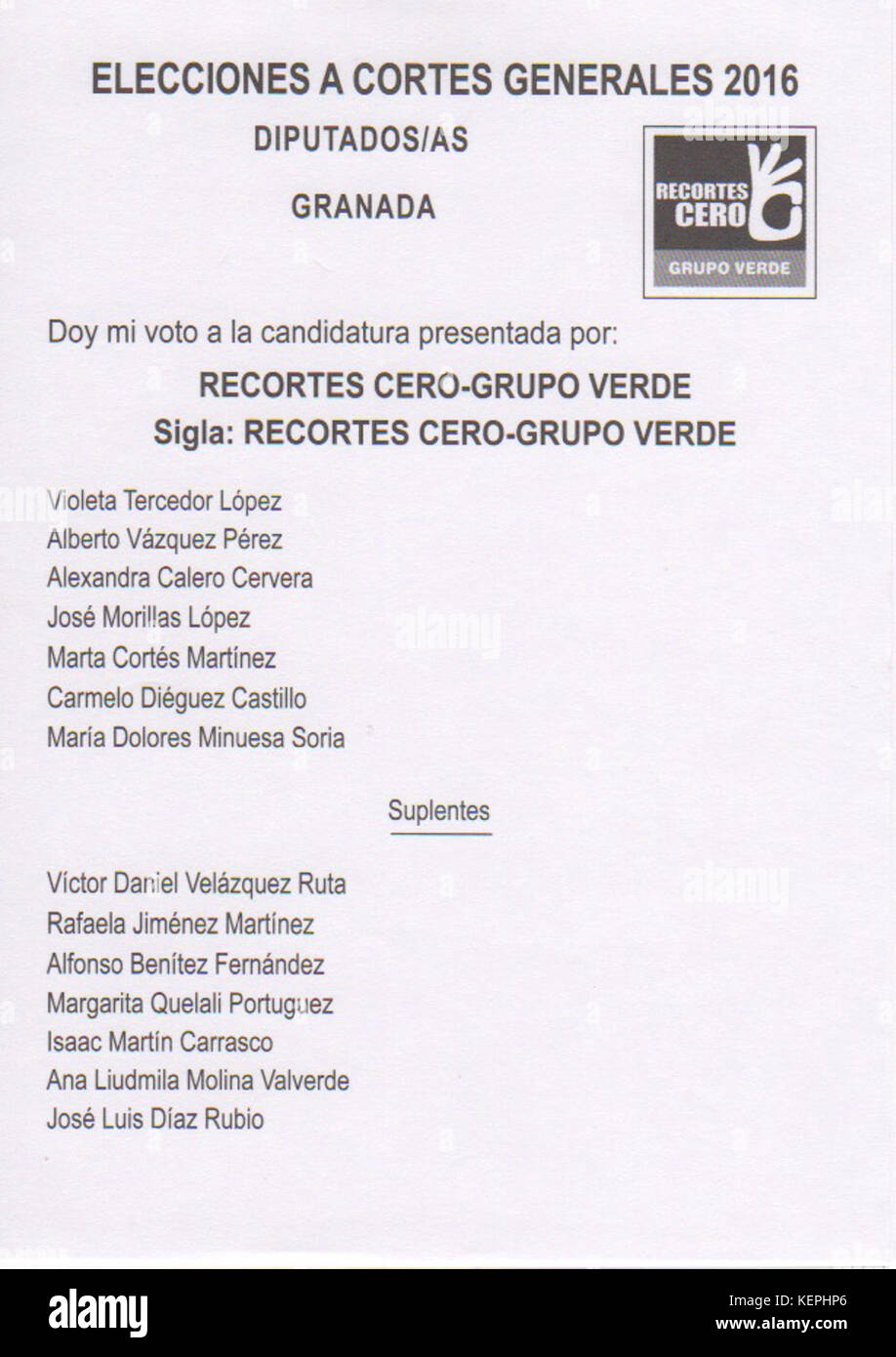 2016 Spanish General Elections Ballot Granada RECORTES CERO GRUPO VERDE ...