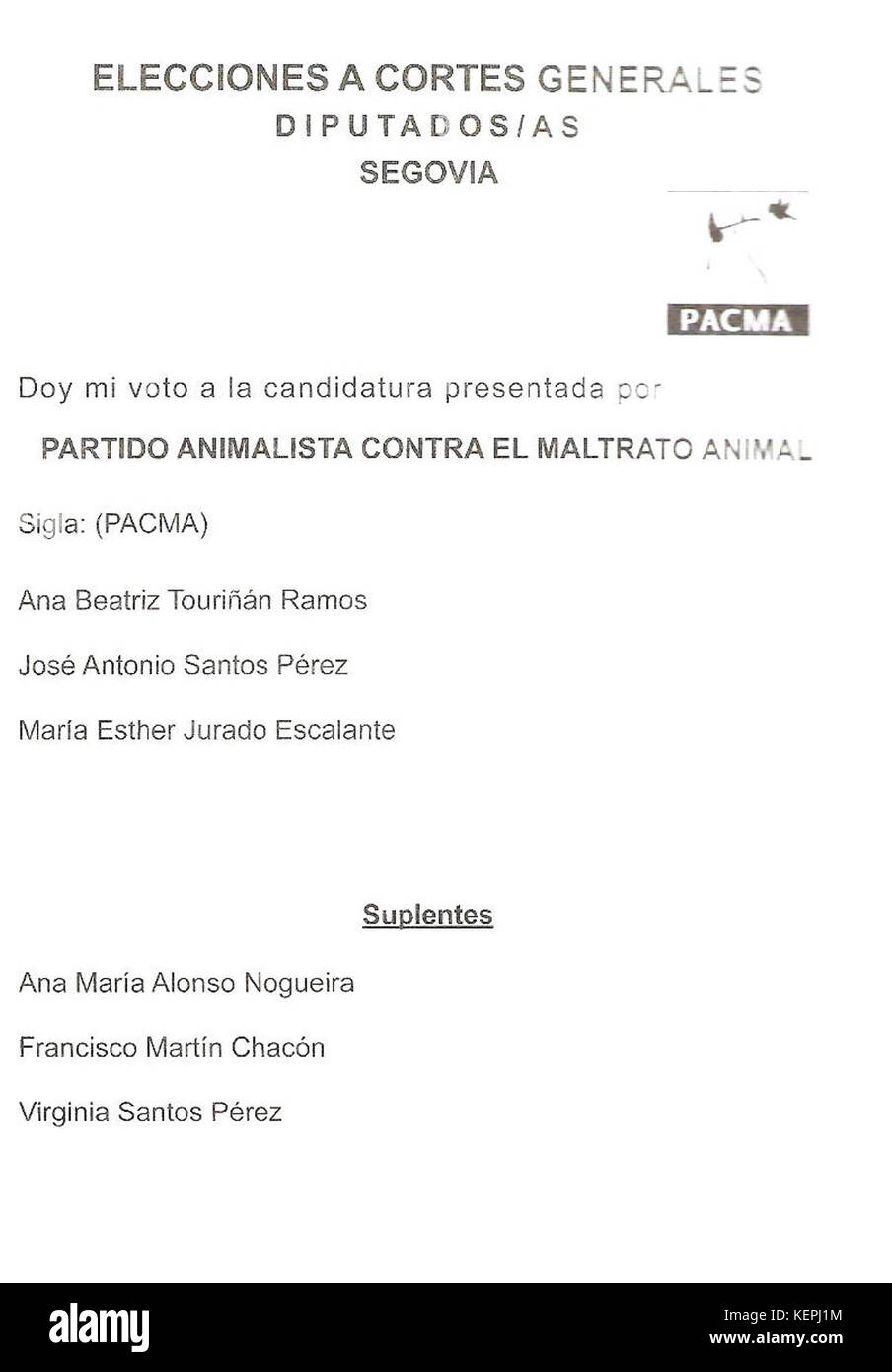 2016 Spanish General Elections Ballot Segovia PACMA Stock Photo - Alamy