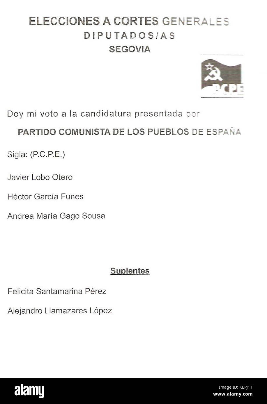 This image shows a ballot from the 2016 Spanish General Elections ...