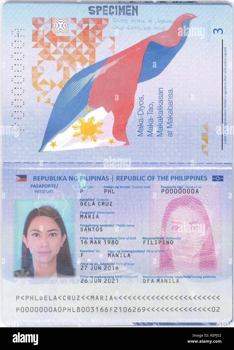 This is the data page from a 2016 Philippine passport, showing ...