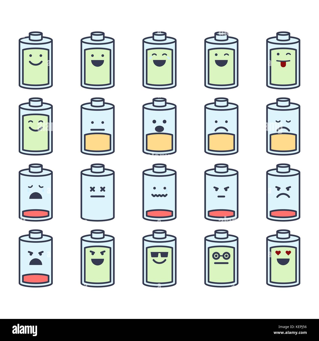 Vector icons set of emoji in the shape of batteries on white background ...