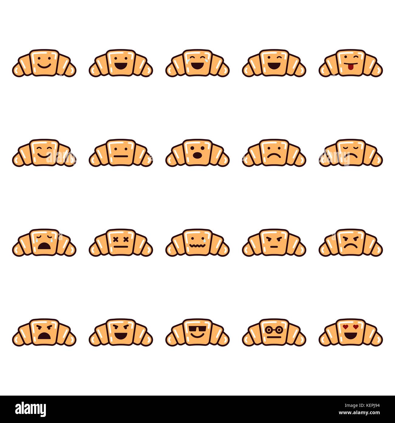 Vector icons set of emoji in the shape of croissants on white ...