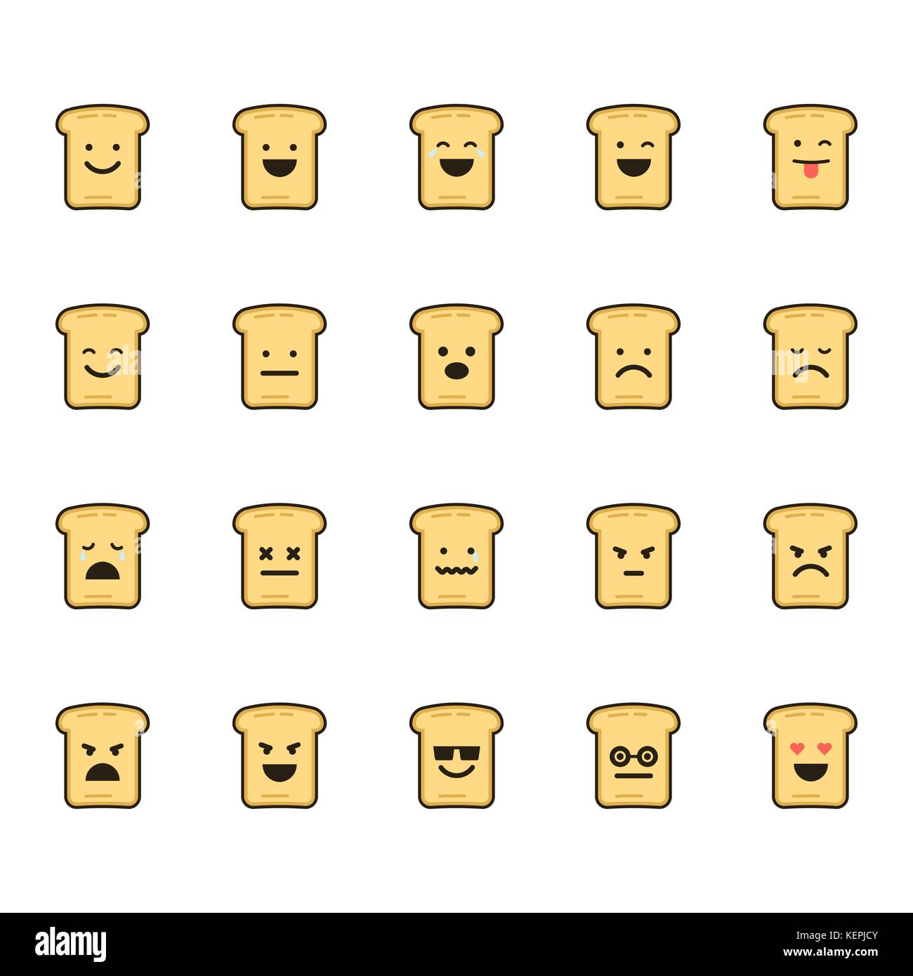 Vector icons set of emoji in the shape of toasts on white background ...