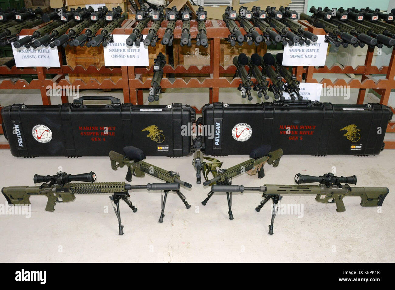 MSSR Generation 4 and 5 sniper rifles on display Stock Photo - Alamy