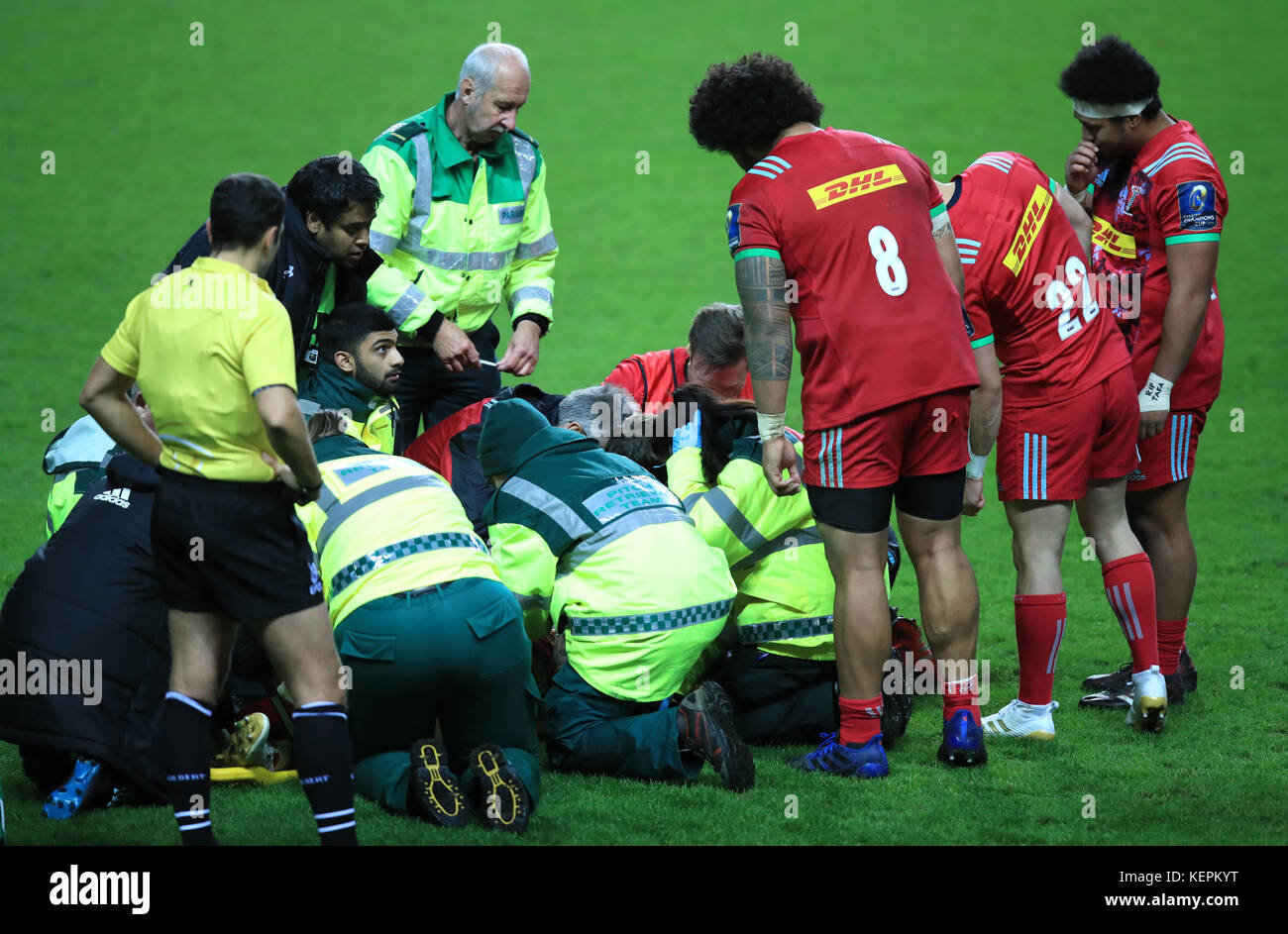 Harlequins' Francis Saili is treated for a serious injury during the ...