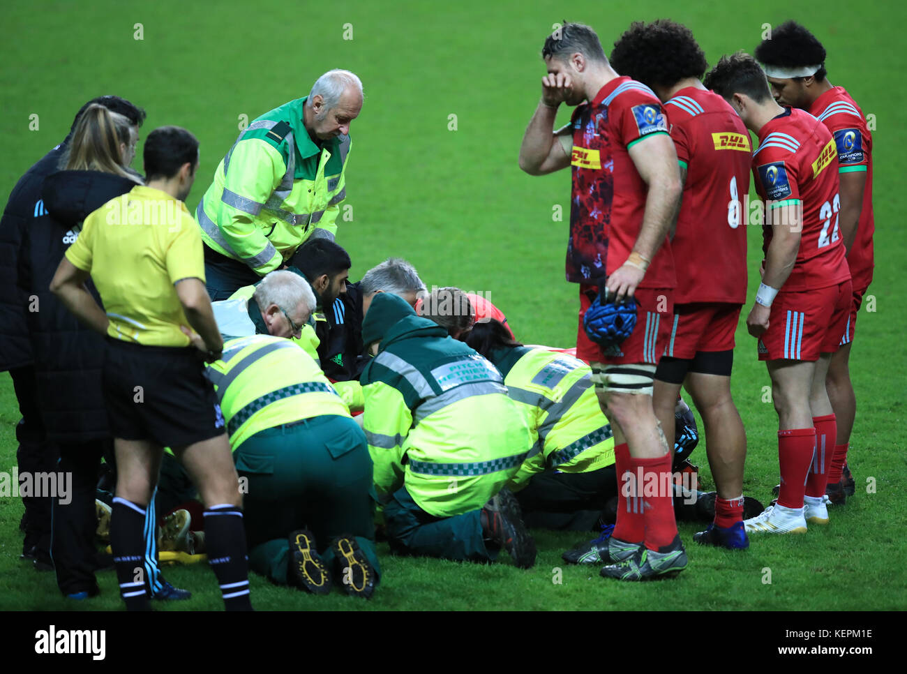 Harlequins' Francis Saili is treated for a serious injury during the ...