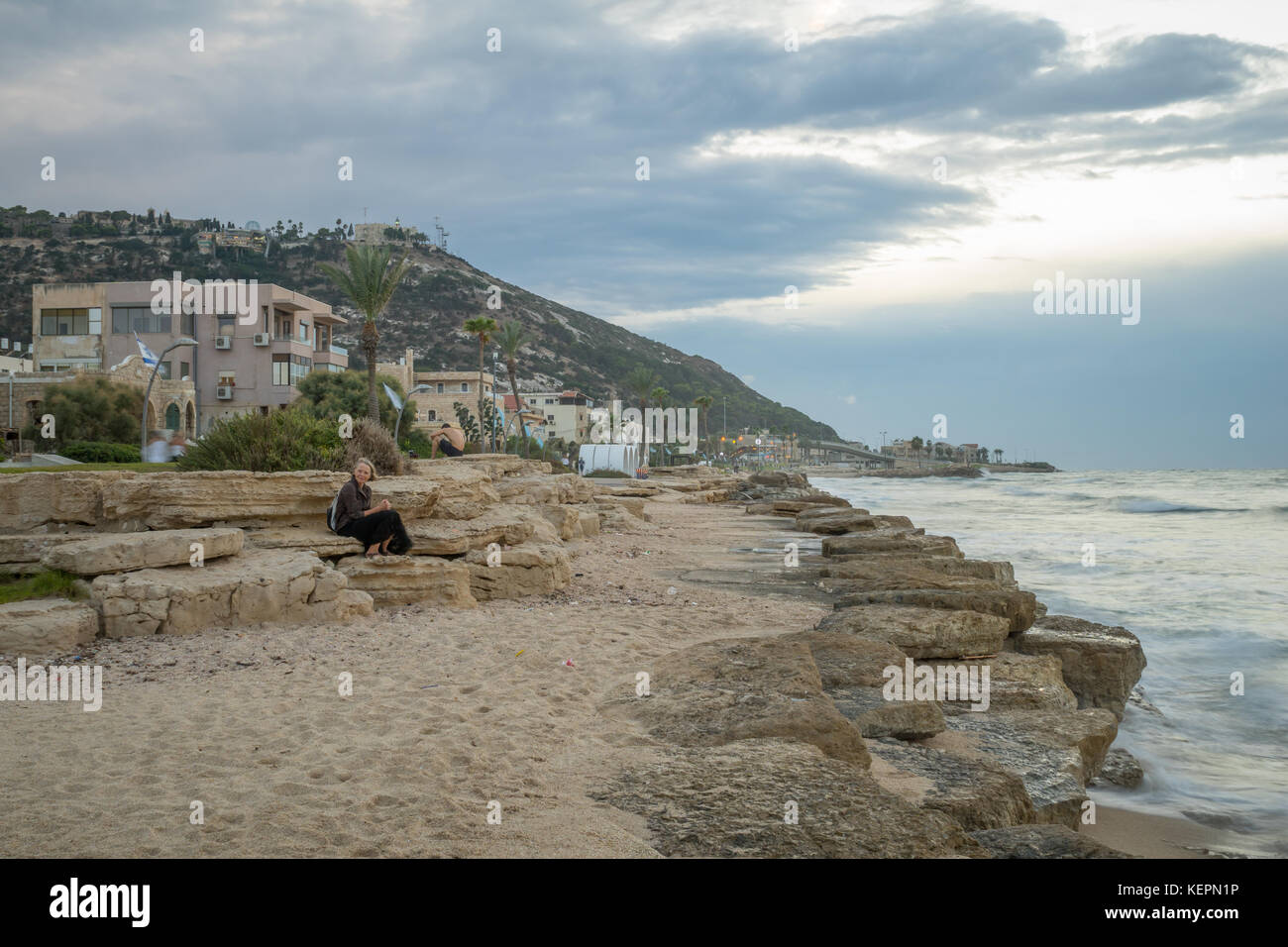 HAIFA, ISRAEL - OCTOBER 16, 2017: Sunset scene at the Bat-Galim beach ...