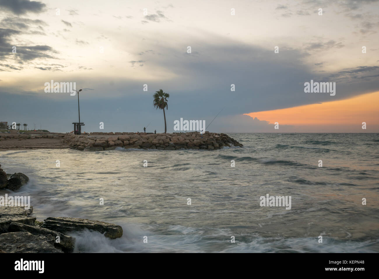 HAIFA, ISRAEL - OCTOBER 16, 2017: Sunset scene at the Bat-Galim beach ...