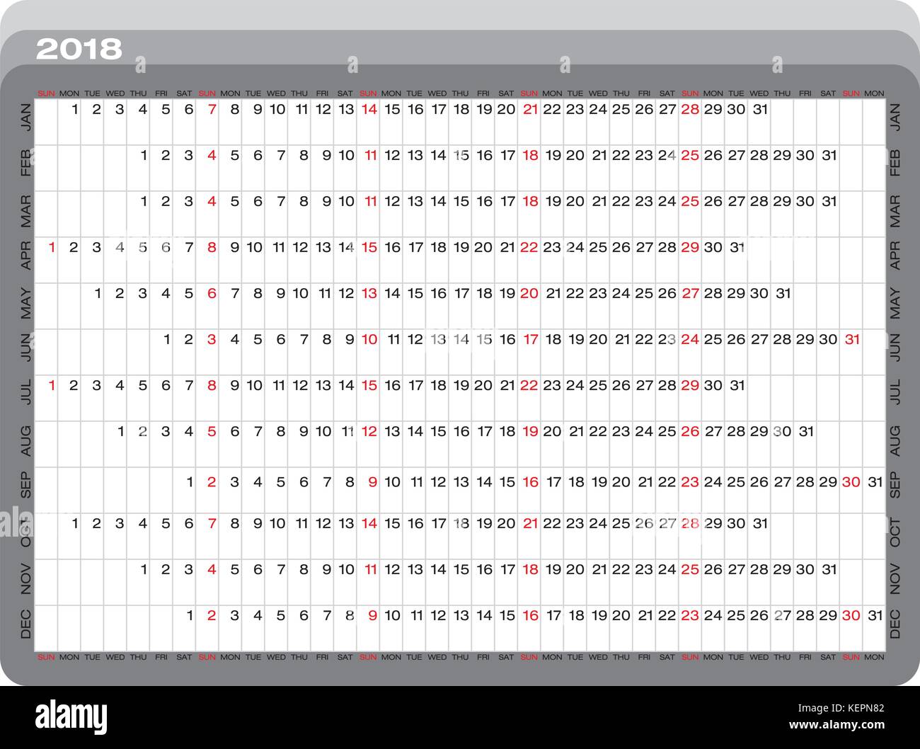 Simple Calendar for 2018. Numbers within a grid. Horizontal design ...