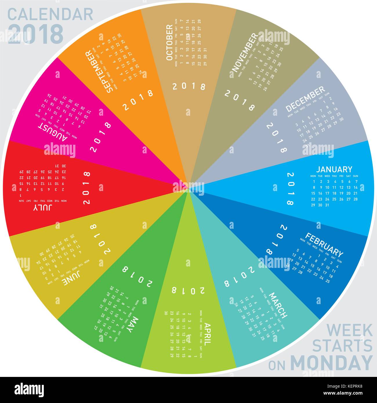 Colorful calendar for 2018. Circular design. Week starts on Monday ...