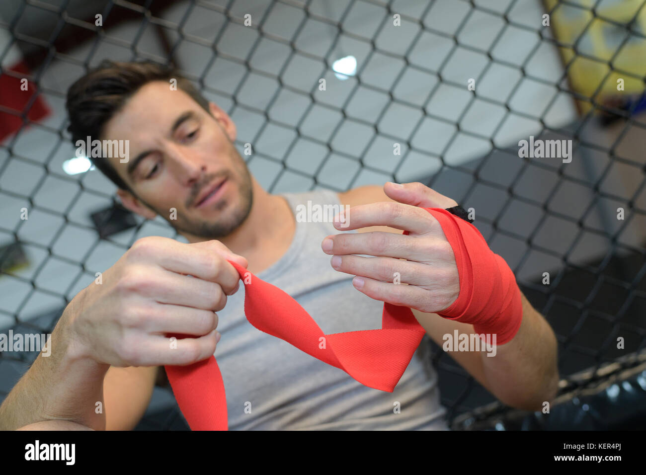 man wears red boxing bandages Stock Photo - Alamy