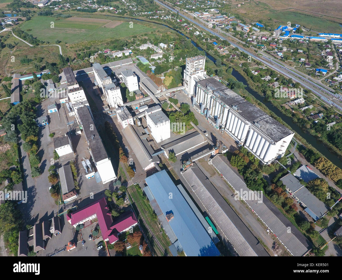 Top view of a silo elevator. The huge building for storing and drying ...