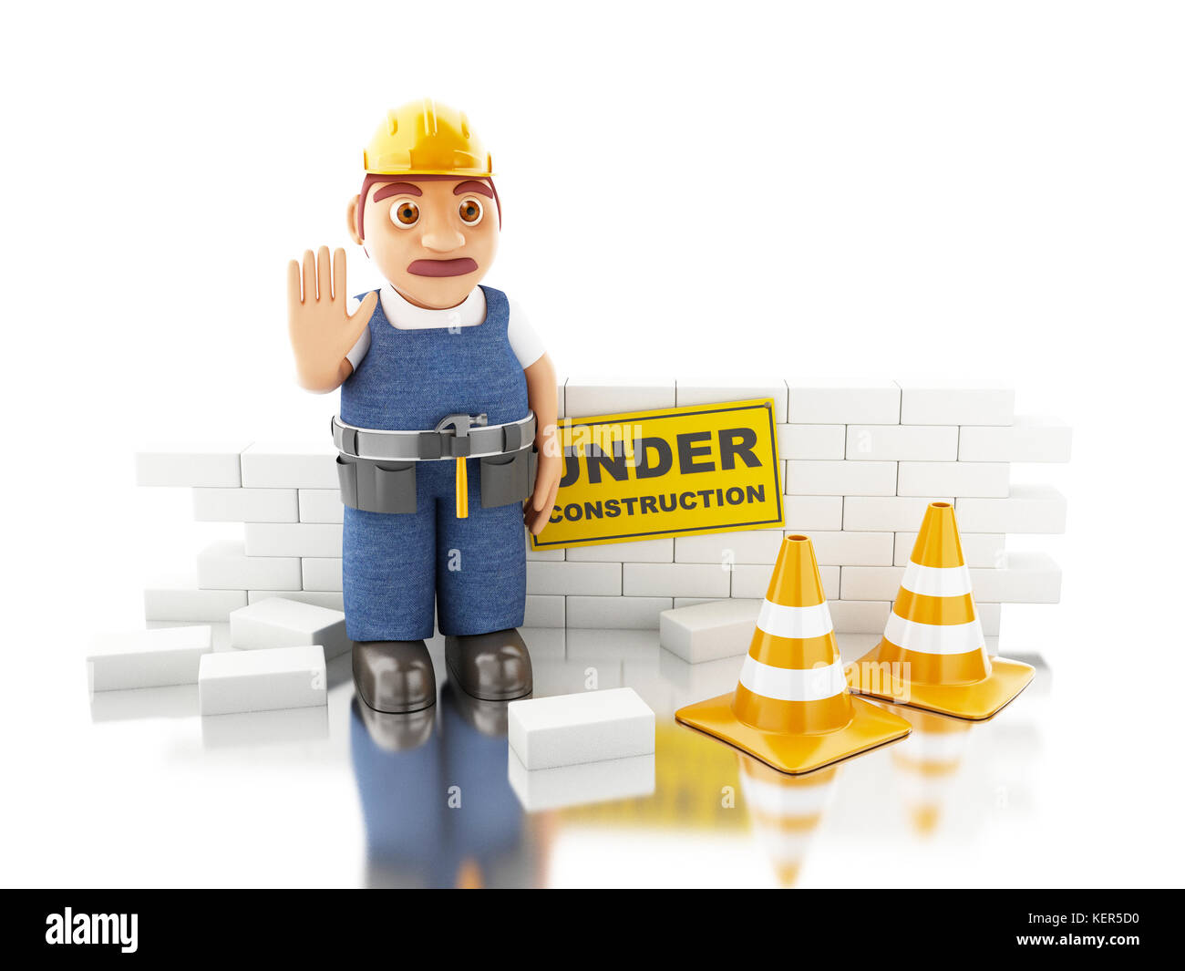 3d renderer illustration. Worker and brick wall. Under construction ...