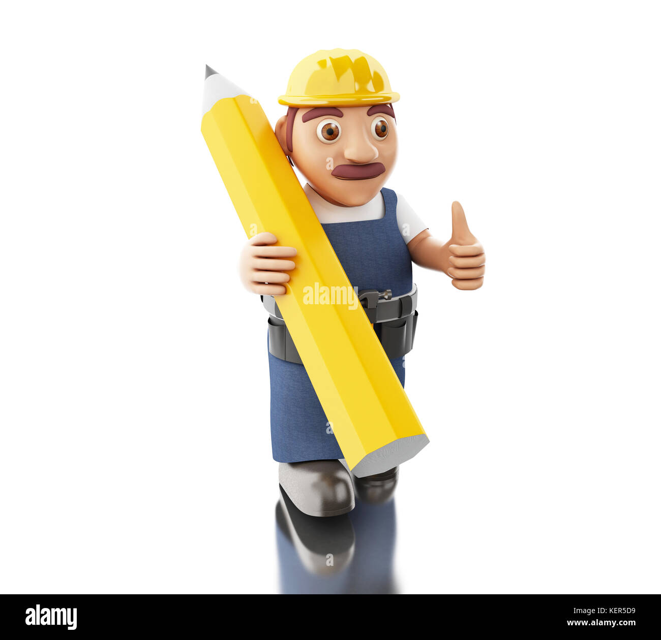 3d illustration. Worker with huge pencil. Construction concept ...